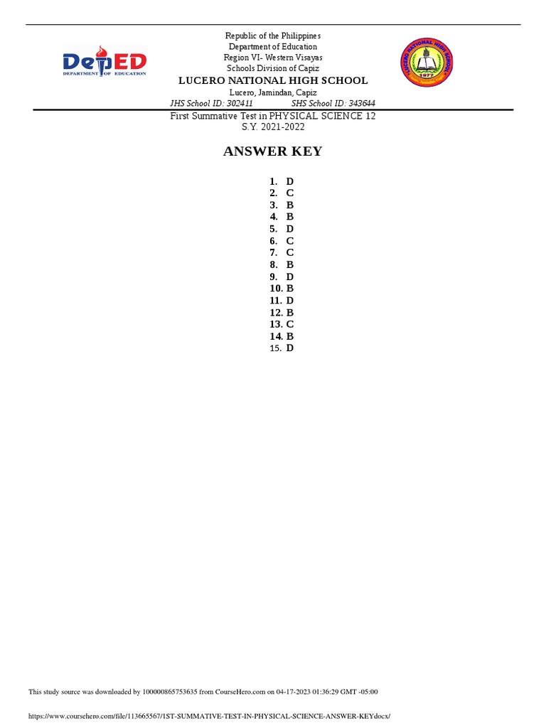 1ST Summative Test in Physical Science Answer Key | PDF