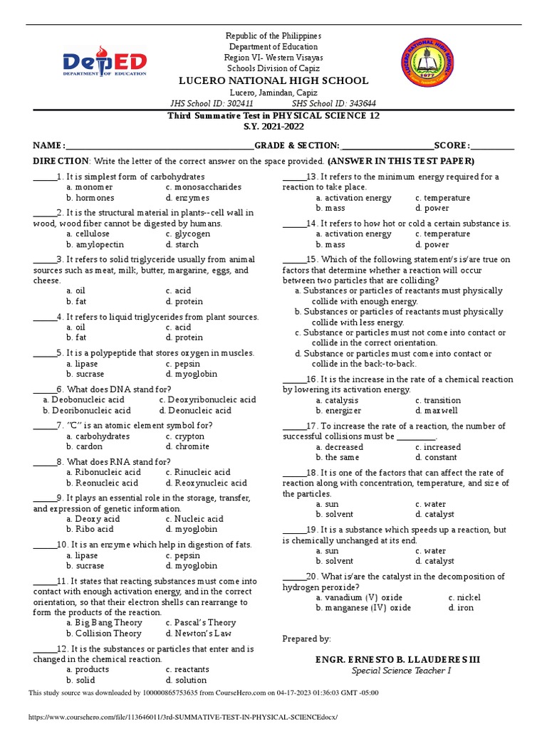 3rd SUMMATIVE TEST IN PHYSICAL SCIENCE | PDF | Catalysis | Acid