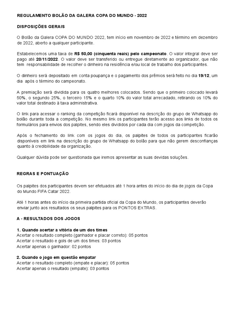 Regulamento Bolão Da Galera Copa Do Mundo 2022 | PDF | Copa do Mundo FIFA