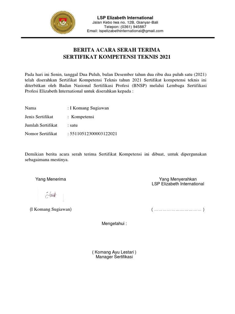 Form Tanda Terima Dan Surat Pernyataan Pemegang Sertifikat 5 | PDF
