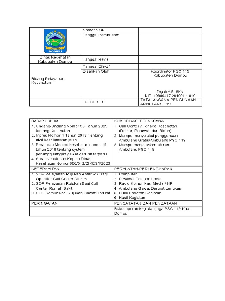 SOP Penggunaan Ambulans 119 | PDF