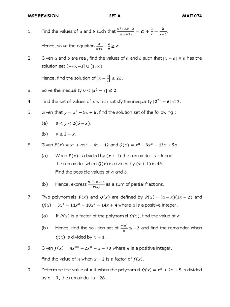MSE Revision Set A-1 | PDF | Inequality (Mathematics) | Polynomial