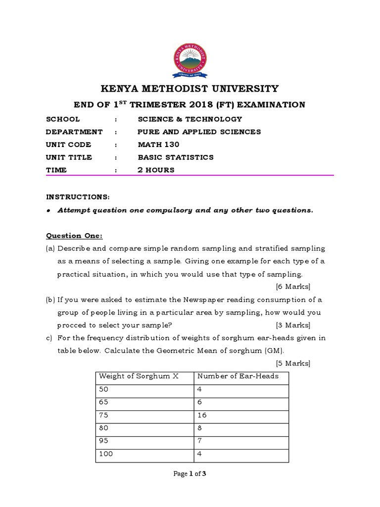 Basic Statistics (Math 130) FT 1ST Trimseter 2018 | PDF | Sampling ...
