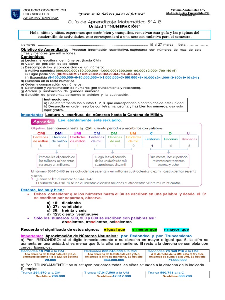 Guía de Aprendizaje Matemática 5°A-B: (8Cmi+6Dmi+1Umi+3Cm+9Dm+2Um+7C+4D ...