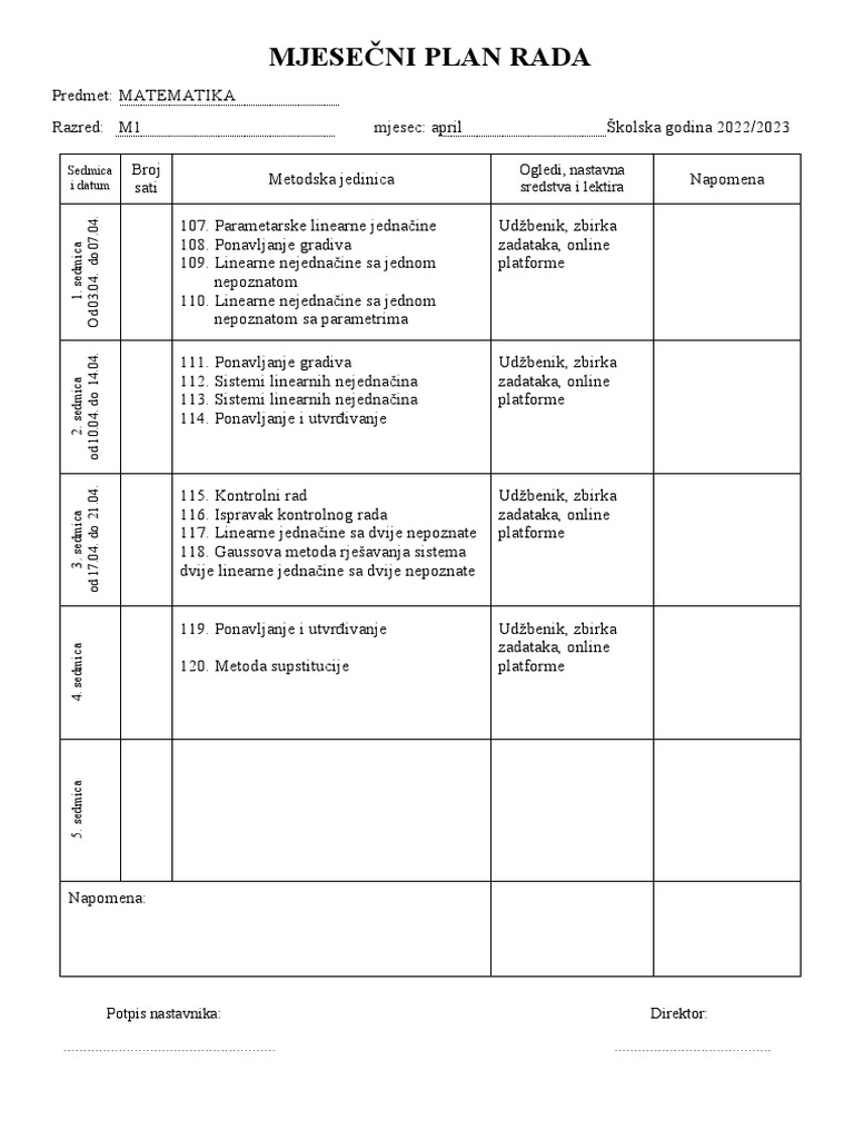 Mjesečni Plan Rada: Sedmica I Datum | PDF
