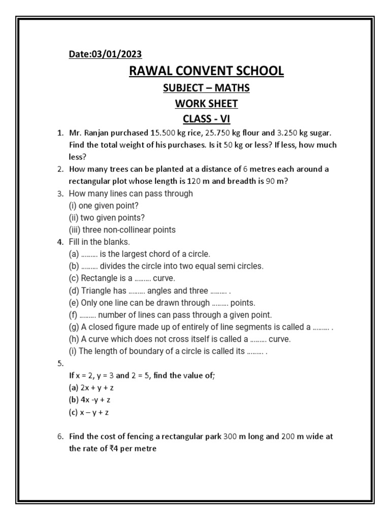 Class VI Maths Ws Shweta | PDF | Rectangle | Circle