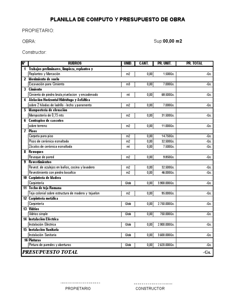 Planilla de Computo Y Presupuesto de Obra: Propietario: Sup:00,00 m2 Constructor: Obra | PDF ...