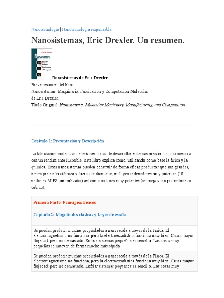Nanotecnología responsable: Un resumen del libro Nanosystems de Eric Drexler sobre los ...