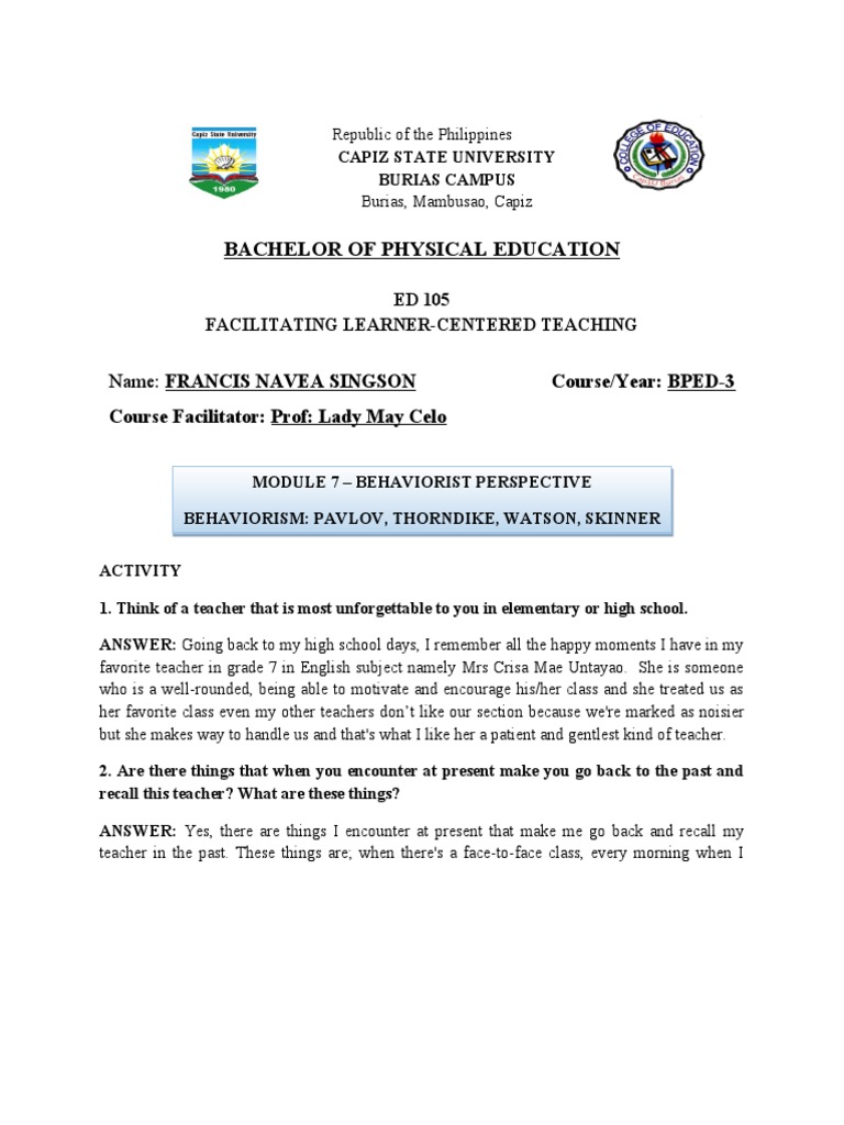 Francis Singson ED 105 MODULE 7-10 | PDF | Learning | Teachers