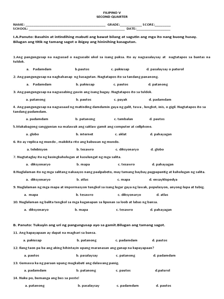 PT - FILIPINO 5 - Q2 Finl | PDF