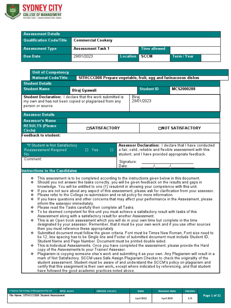 SITHCCC008 Student Assessment Task 1 | PDF | Cooking | Egg As Food