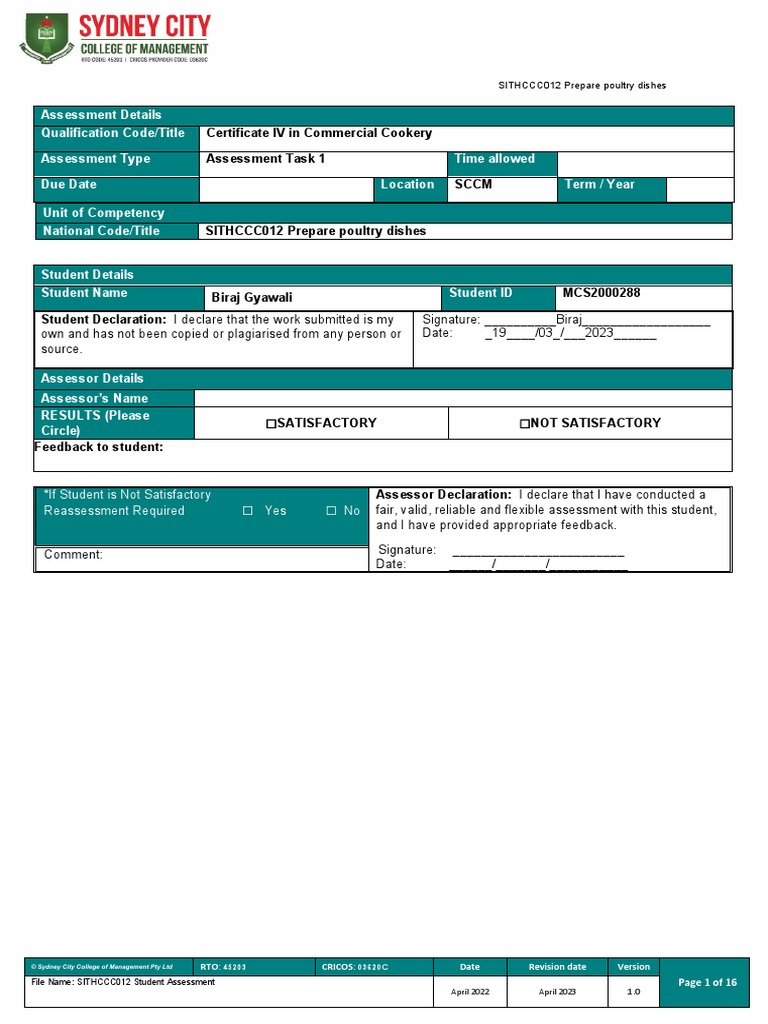 SITHCCC012 Student Assessment Tasks 1 | PDF
