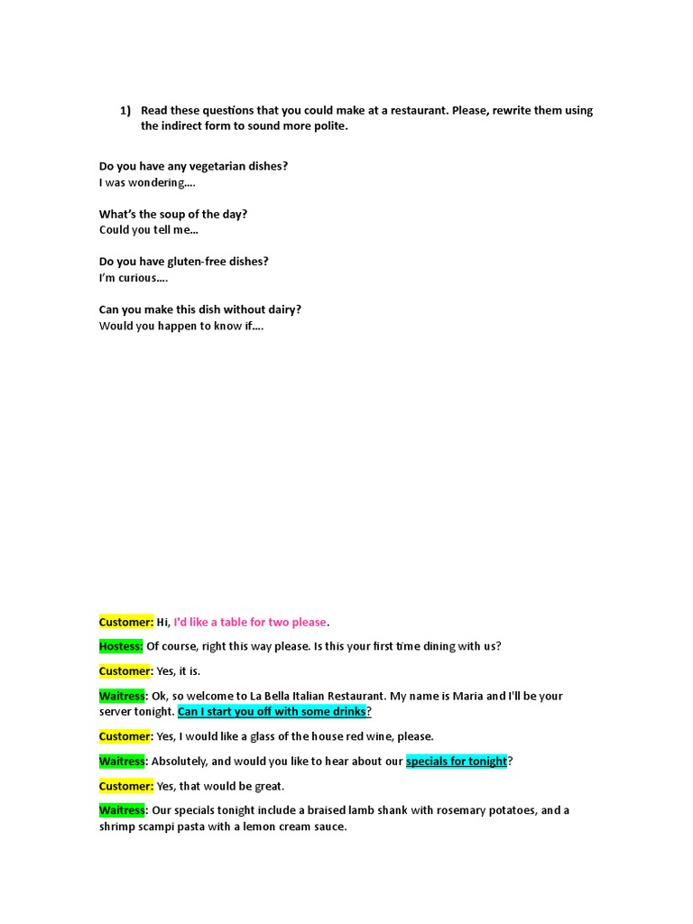 Polite Restaurant Conversation Guide | PDF | Waiting Staff | Payments