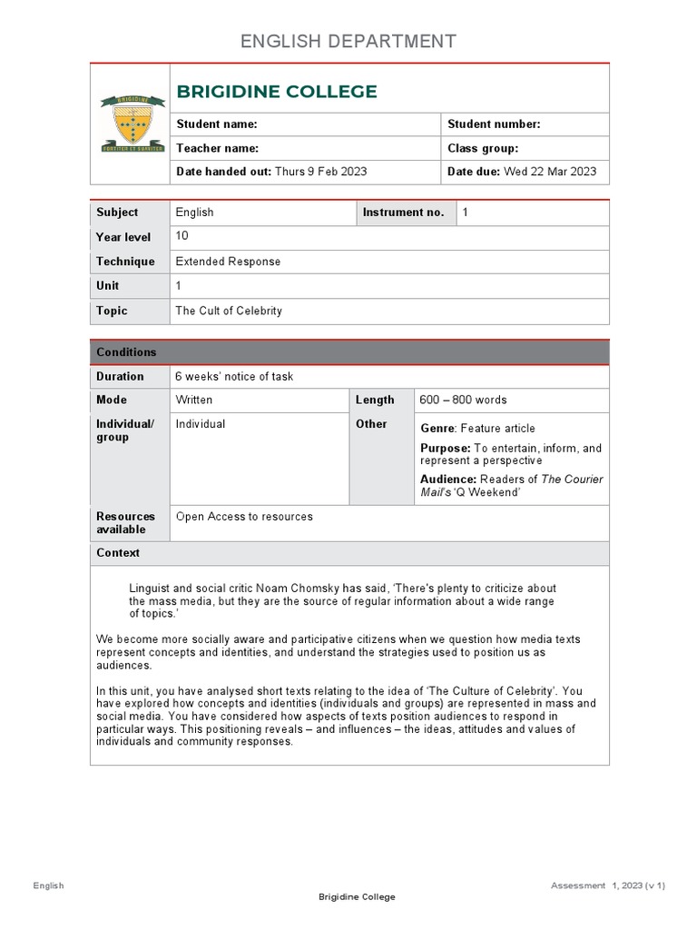 2023 Year 10 English Term 1 Written For Public Audience Core | PDF ...