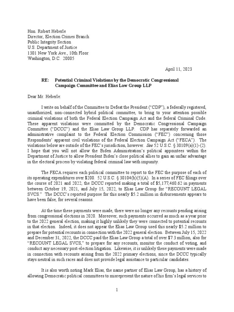 RE: Potential Criminal Violations by The Democratic Congressional Campaign Committee and Elias ...