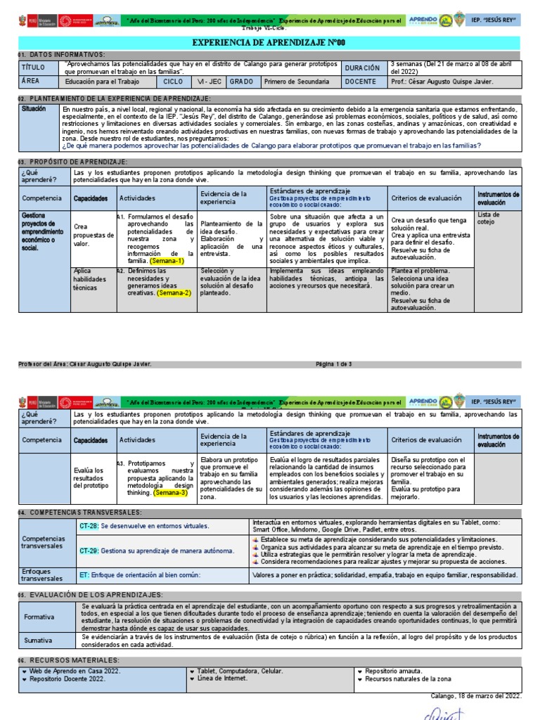 EdA N°00 - EPT-1°-2022 (CÉSAR) | PDF | Evaluación | Aprendizaje