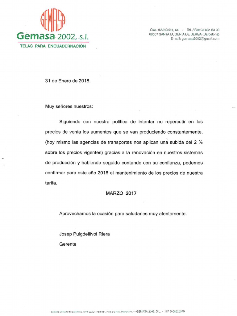 Carta Precios Gemasa 2018 | PDF