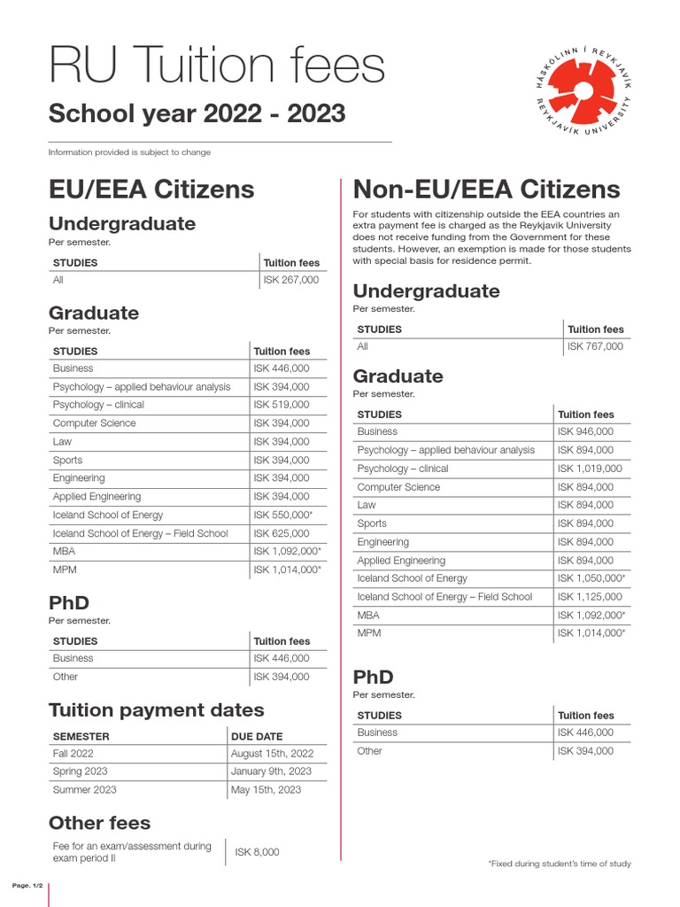 Reykjavik University Tuition Fees 2022 2023 | PDF | Tuition Payments | Fee