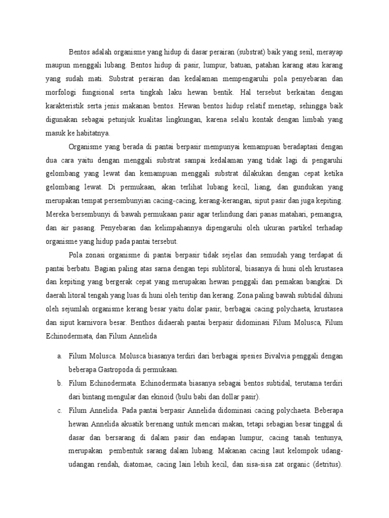 Bentos Adalah Organisme Yang Hidup Di Dasar Perairan | PDF