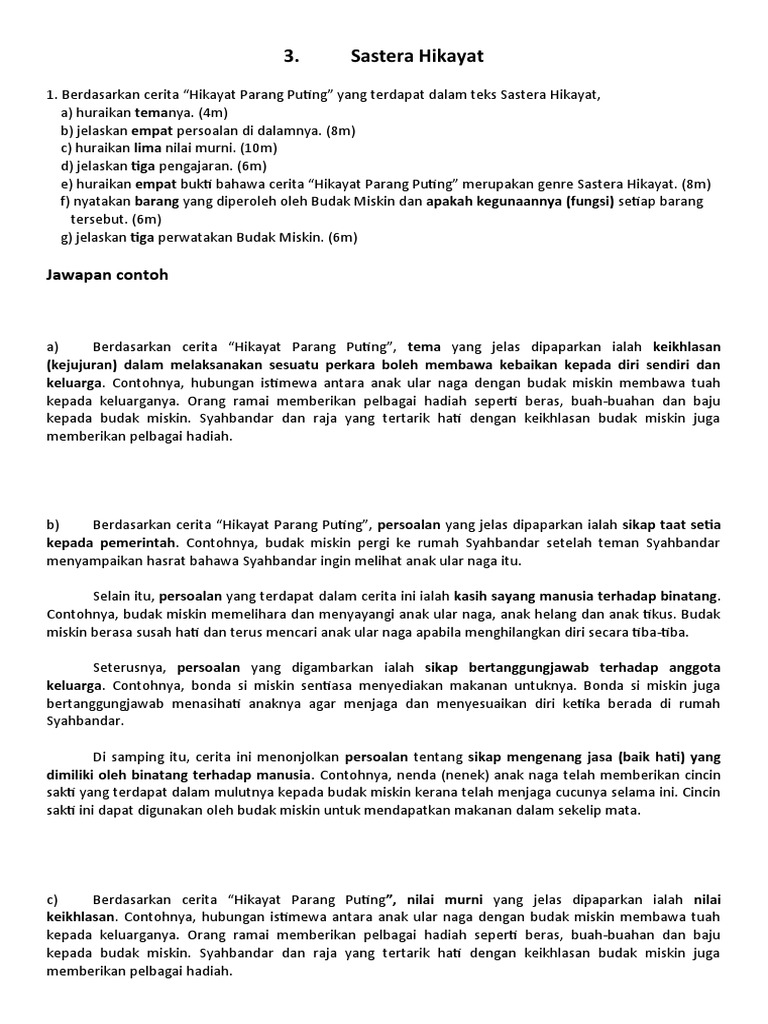 Sastera Hikayat: Jawapan Contoh | PDF