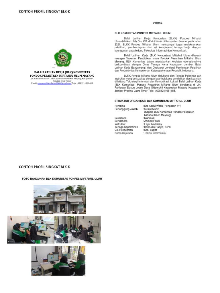 2021 - Contoh Profil Singkat Balai Latihan Kerja Tahun 2021 | PDF