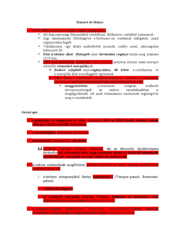 Balzac - Goriot Apó - Elemzés | PDF