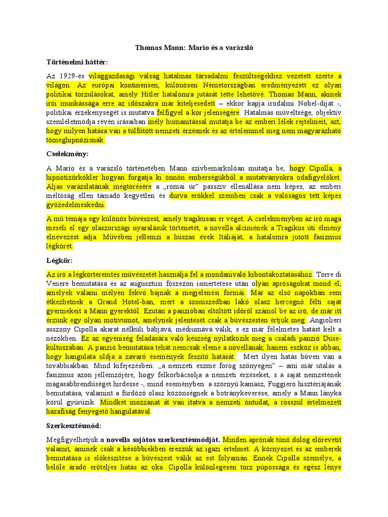 Thomas Mann - Mario És A Varázsló - Kidolgozott | PDF
