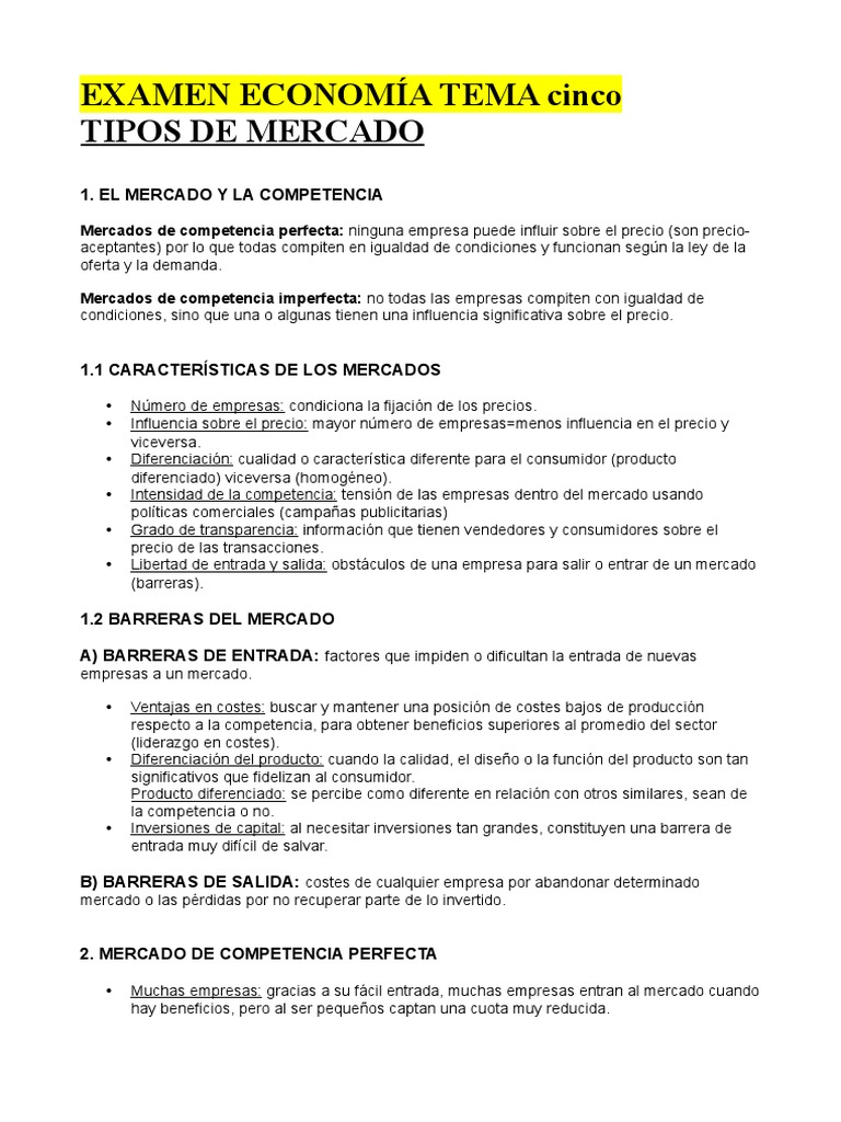 Examen Economía Tema Cinco Tipos de Mercado: 1. El Mercado Y La Competencia | PDF | Mercado ...