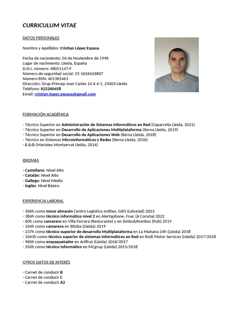 Currículum Vitae de Cristian López Espasa | PDF | Crecimiento personal ...