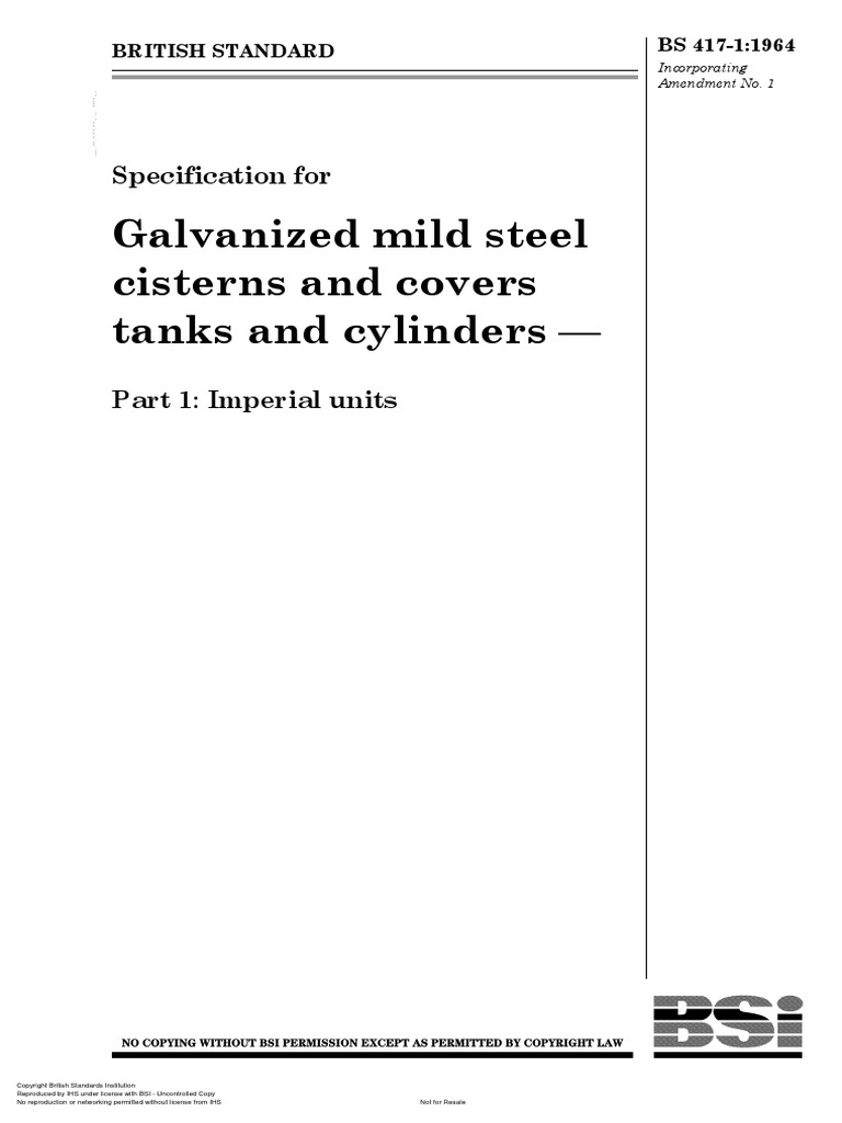 BS 417-1 - 1964 Specification For Galvanized Mild Steel Cisterns and ...