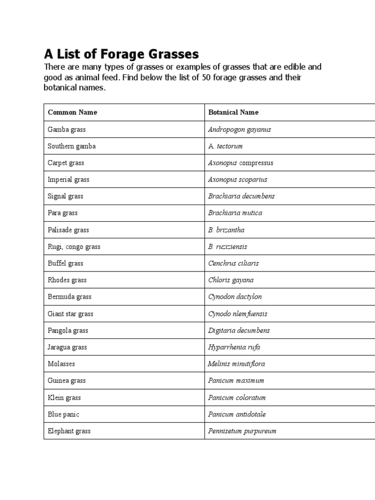 A List of Forage Grasses and Scoentific Name | PDF | Legume | Clover