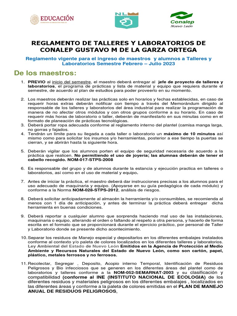 REGLAMENTO DE TALLERES Y LABORATORIOS DE CONALEP GUSTAVO M DE LA GARZA 2023 | PDF | Residuos ...
