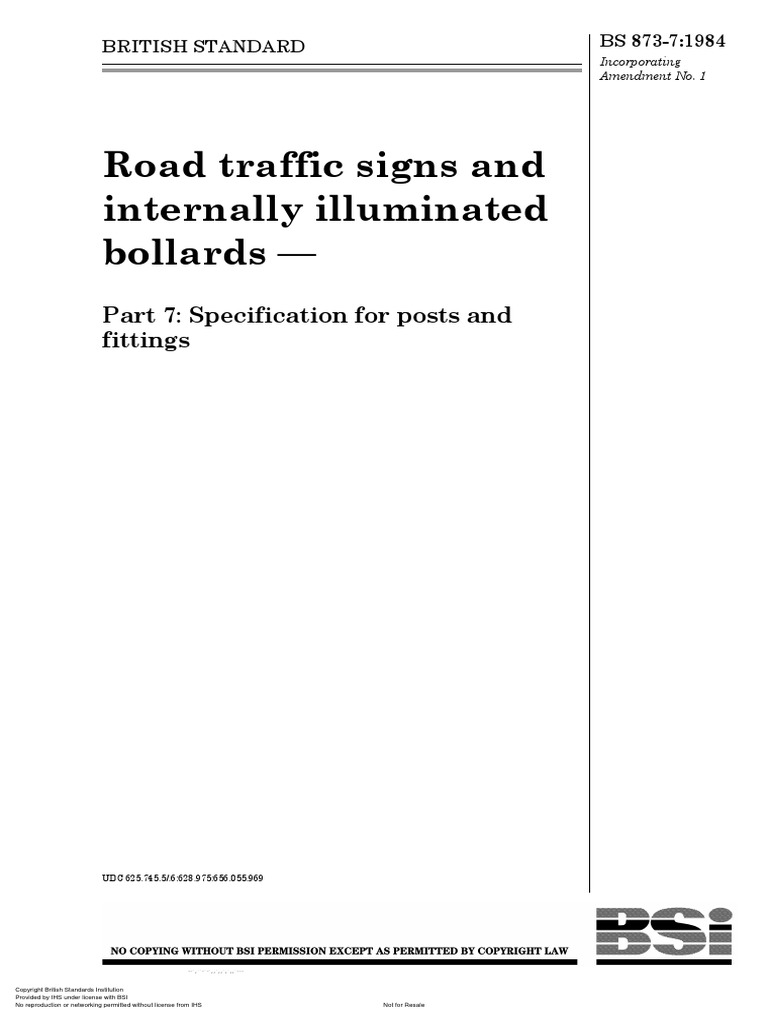 BS 873-7 - 1984 Road Traffic Signs and Internally Illuminated Bollards ...