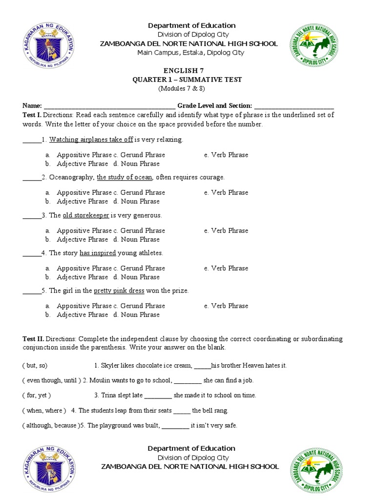 English 7 Summative P T M7M8 | PDF | Phrase | Verb