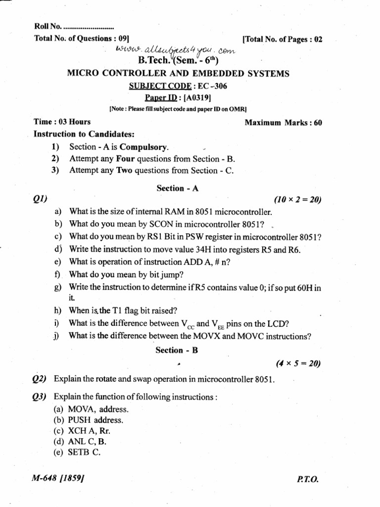 B.Tech Microcontroller Exam Paper EC-306 | PDF