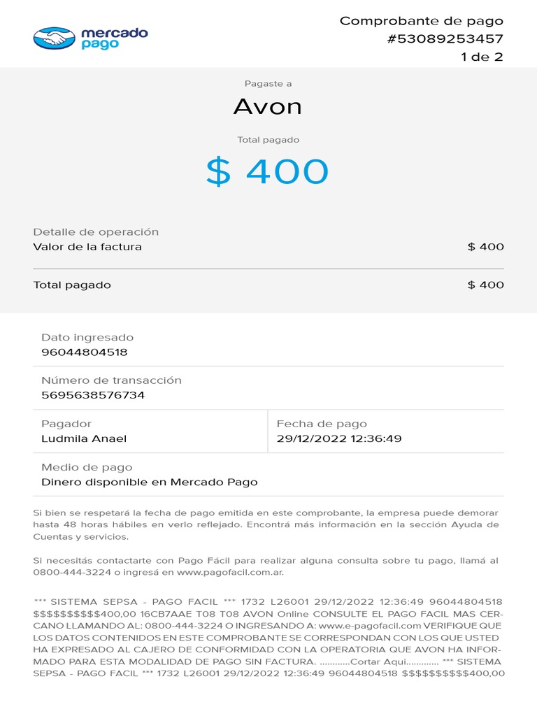 Detalle de Operación: Valor de La Factura $ 400 Total Pagado $ 400 | PDF