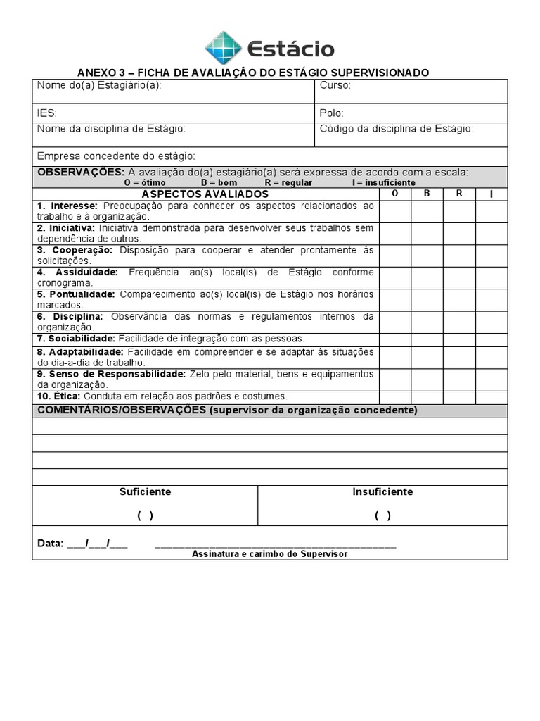 Anexo 3 Ficha de Avalia o Do Est Gio Supervisionado | PDF