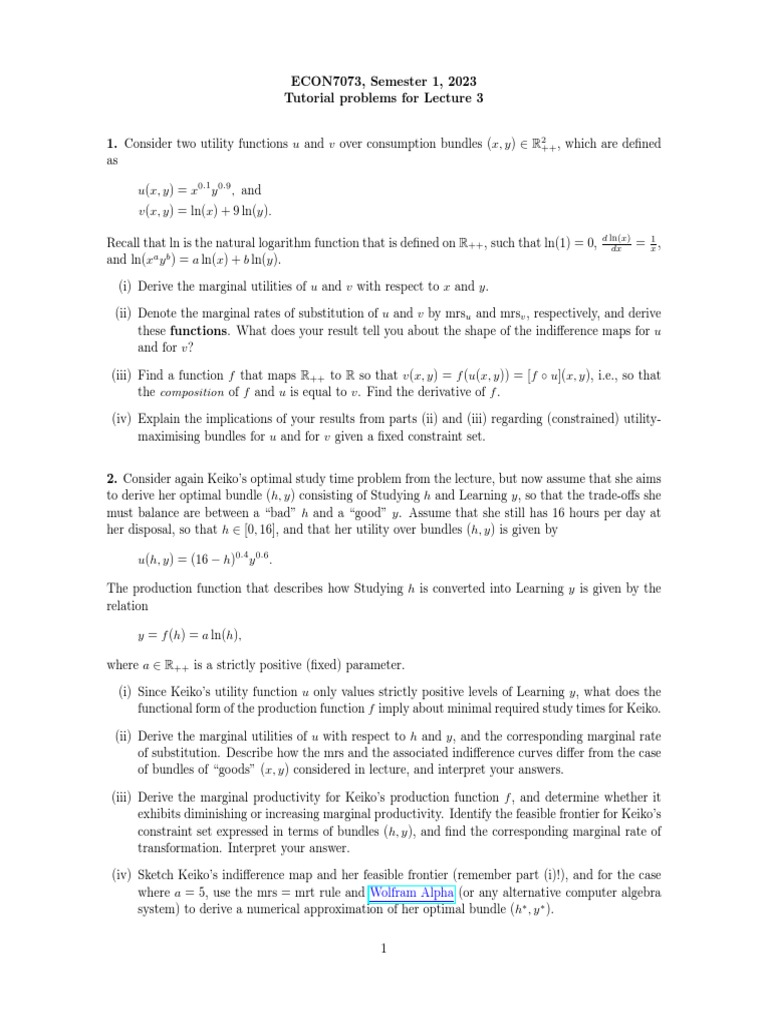 Tutorial problems for Lecture 3 ECON7073 | PDF | Utility | Consumer Behaviour