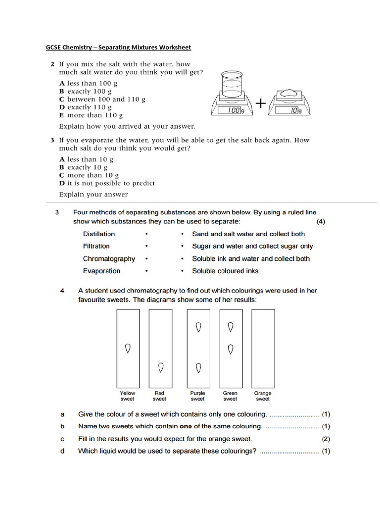 GCSE Chemistry - Separating Mixtures Worksheet | PDF