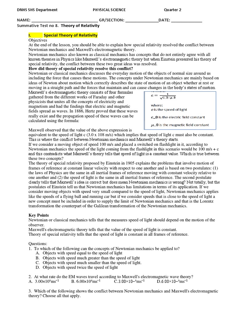 SUMMATIVE TEST NO 8. Theory of Relativity | PDF | Classical Mechanics ...