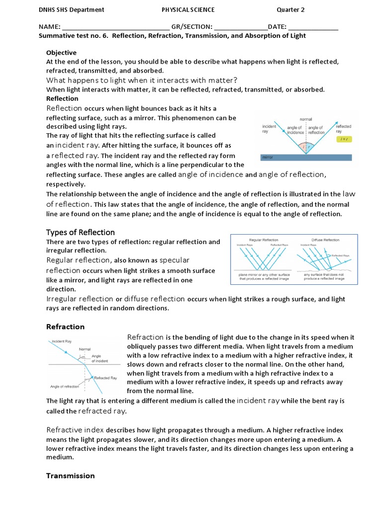 Summative Test No 6 Refelction Refraction Transmission and Absorption ...