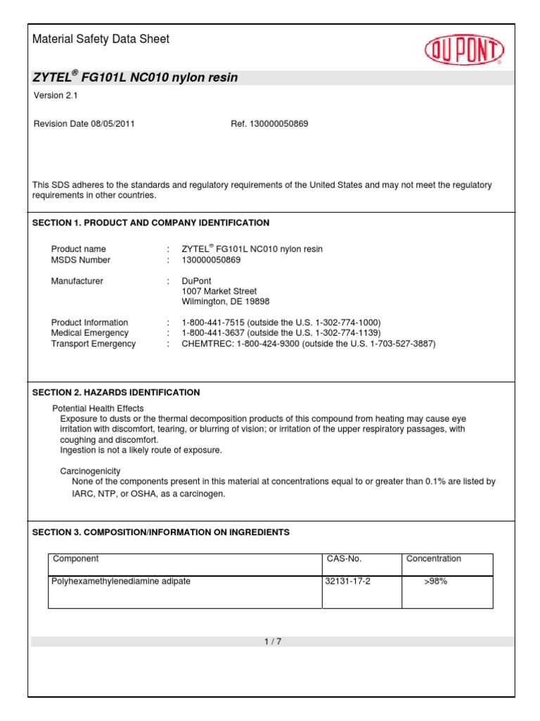 Zytel FG101L NC010 Sds | PDF | Hazardous Waste | Firefighting