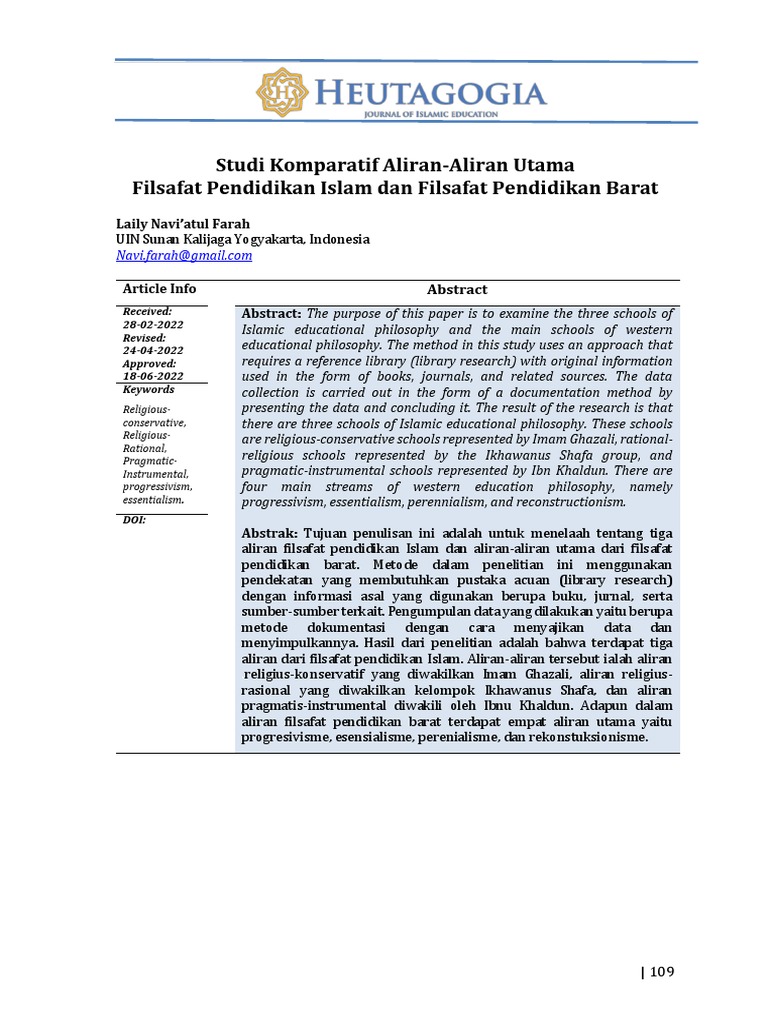 Studi Komparatif Aliran-Aliran Utama Filsafat Pendidikan Islam Dan Filsafat Pendidikan Barat | PDF