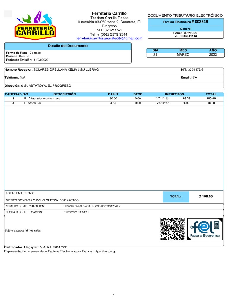 Detalles de la factura electrónica emitida por Ferretería Carrillo a ...