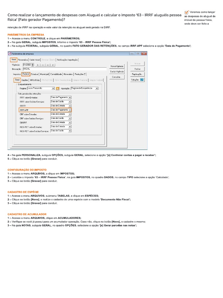 Irrf de Aluguel - Configuracao | PDF