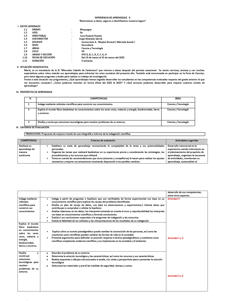 EXPERIENCIA DE APRENDIZAJE 0 de CYT | PDF | Evaluación | Aprendizaje