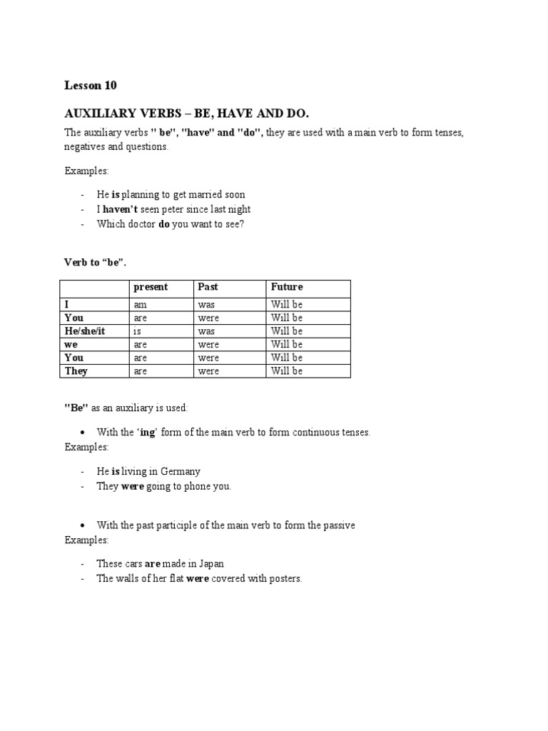 Lesson 10 Auxiliary Verbs | PDF | Grammatical Tense | Verb