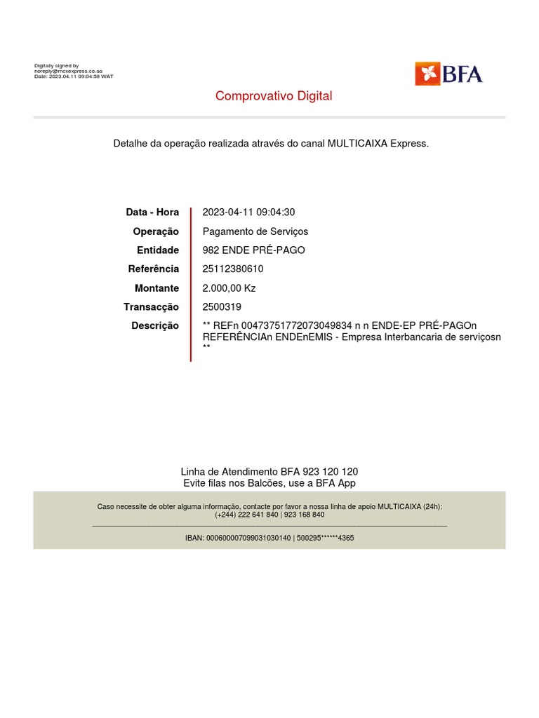 Comprovativo digital de pagamento de serviços à operadora ENDE Pré-Pago ...