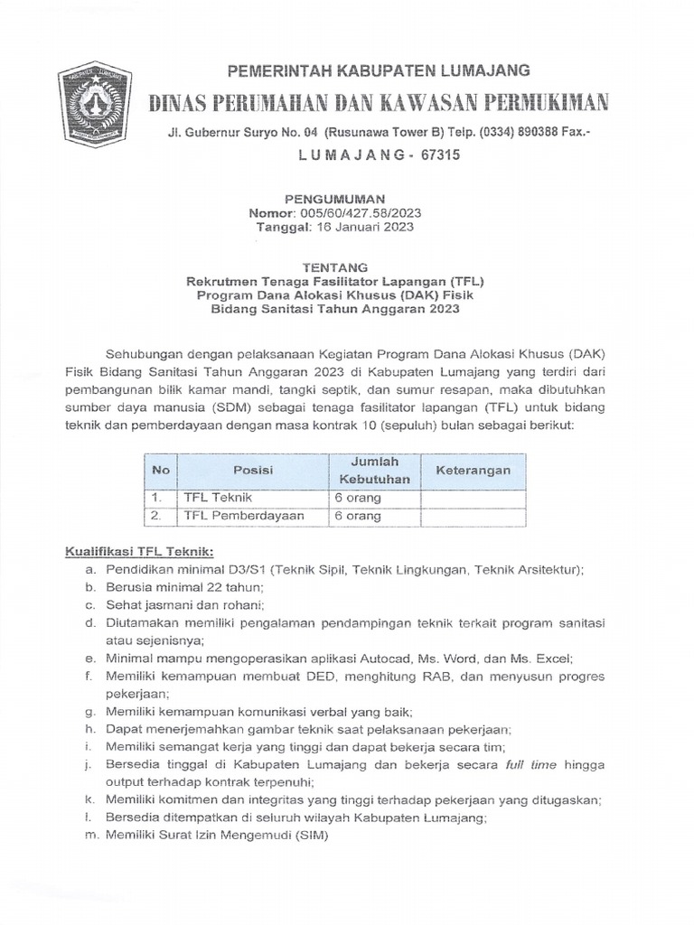 Pengumuman Rekrutmen TFL DAK Sanitasi TA 2023 | PDF