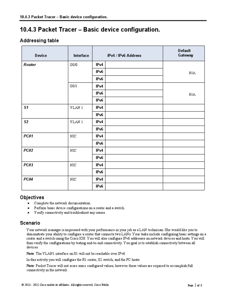 10.4.3 Packet Tracer - Basic Device Configuration | PDF | I Pv6 ...